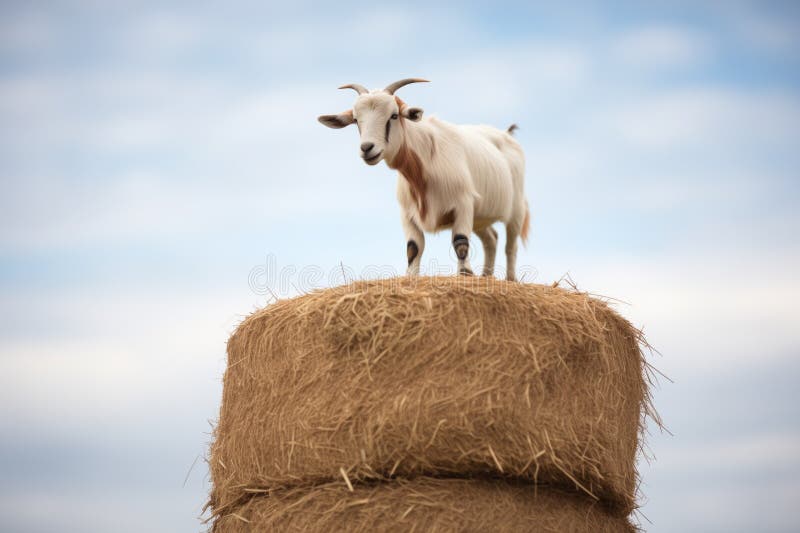 Goat Balancing on Top of a Round Hay Bale Stock Image - Image of ...