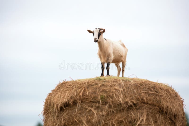 Goat Balancing on Top of a Round Hay Bale Stock Photo - Image of animal ...