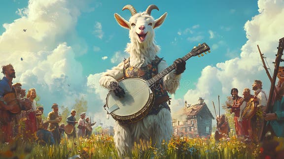 A Goat with a Banjo Playing in Front of People Stock Illustration ...