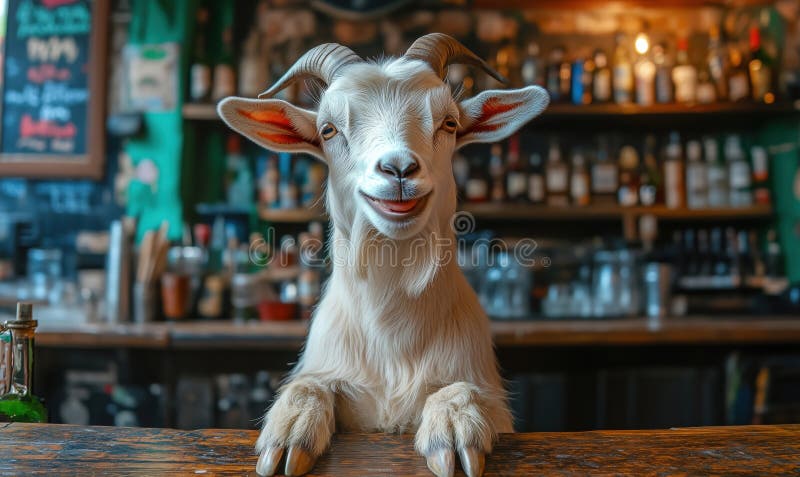 Goat Bartender Smiling at Camera in Rustic Bar Setting with Bottles in ...