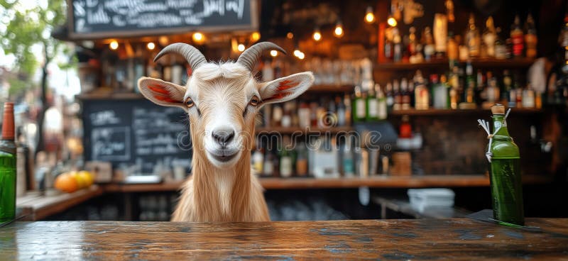 Goat Behind Bar Counter in Rustic Pub Setting with Bottles and Warm ...