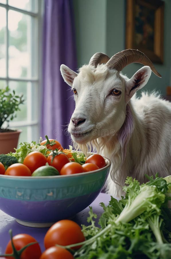 Curious Goat Inspecting a Bowl of Fresh Vegetables Stock Illustration ...