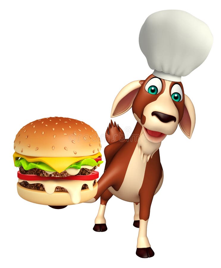 Goat Cartoon Character with Chef Hat and Burger Stock Illustration ...