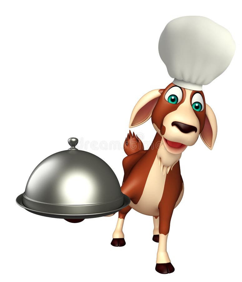 Goat Cartoon Character with Chef Hat and Cloche Stock Illustration ...