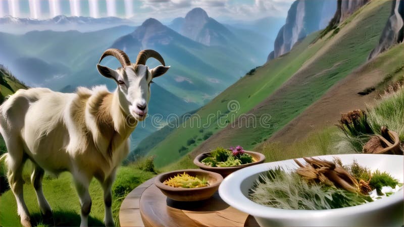 Goat with Cheese Platter in Mountain Landscape Stock Footage - Video of ...