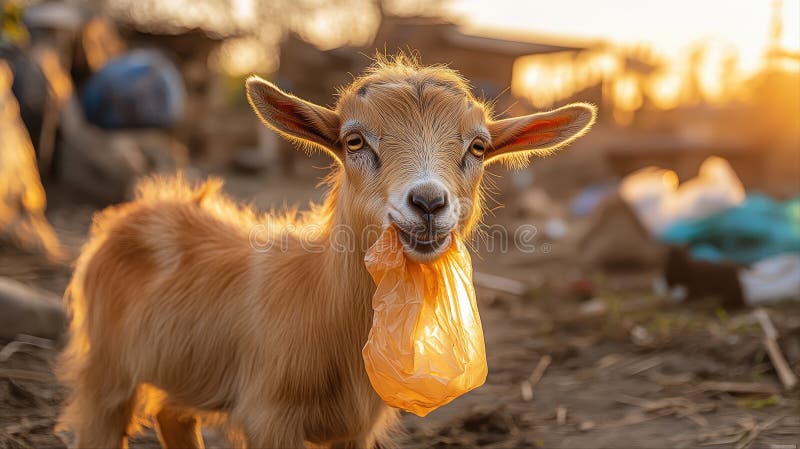 Goat Chewing Plastic Bag in Rural Setting with Green Grass and Natural ...