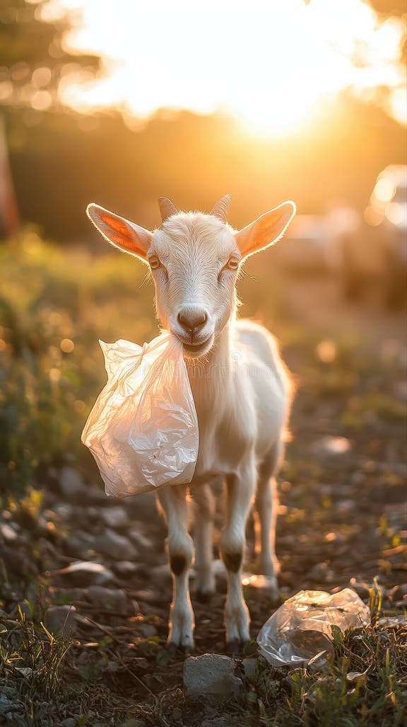 Goat Chewing Plastic Bag in Rural Setting with Plastic Waste on Its ...