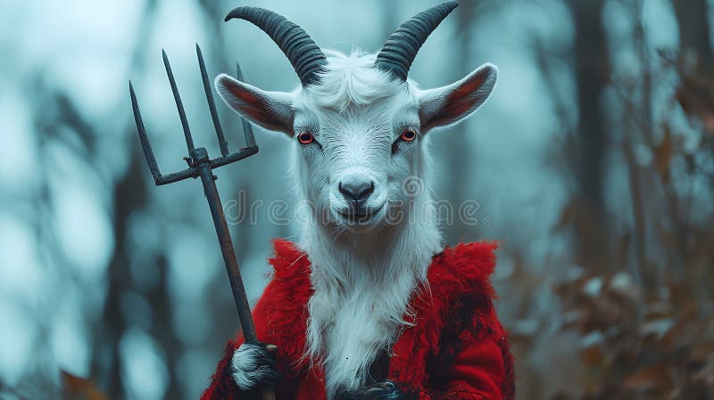 Goat in a Devil Costume with Tiny Horns and a Pitchfork Stock ...