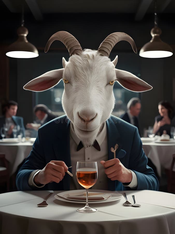 : a Goat, Dressed in a Suit, Sits at a Restaurant Table with a Formal ...