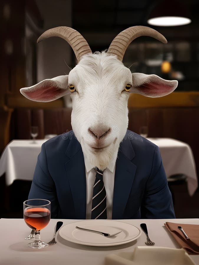 : a Goat, Dressed in a Suit, Sits at a Restaurant Table with a Formal ...