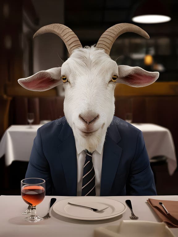 : a Goat, Dressed in a Suit, Sits at a Restaurant Table with a Formal ...