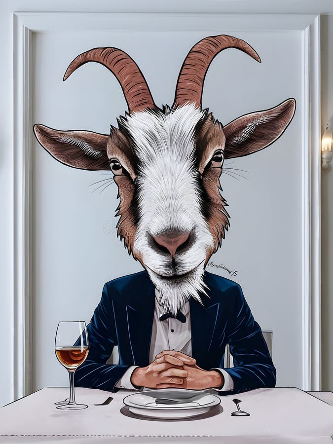 : a Goat, Dressed in a Suit, Sits at a Restaurant Table with a Formal ...