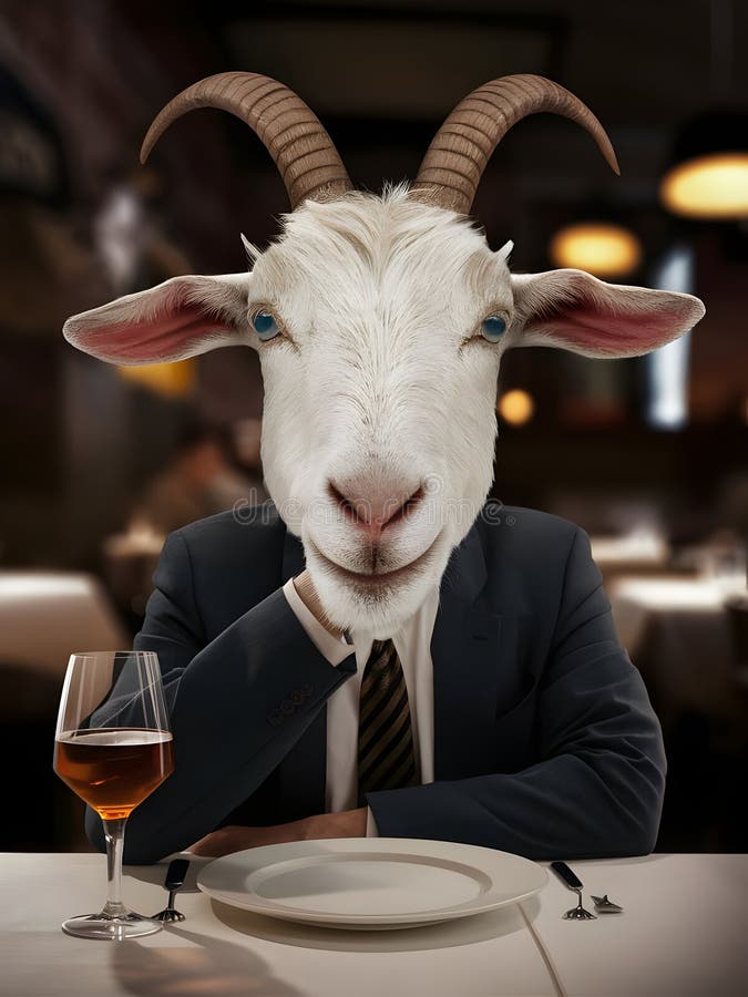 : a Goat, Dressed in a Suit, Sits at a Restaurant Table with a Formal ...
