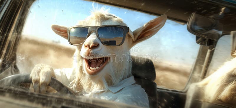 Goat Driving Car with Sunglasses in Desert Landscape Stock Photo ...