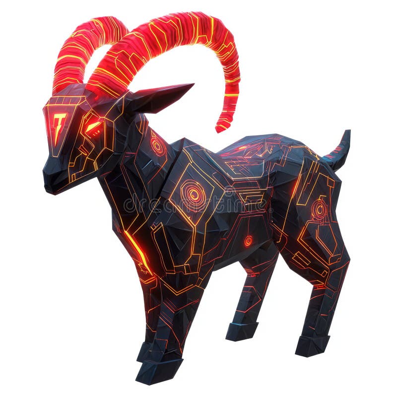 Goat with Glowing Red and Gold Circuitry Patterns on Its Horns, Low ...