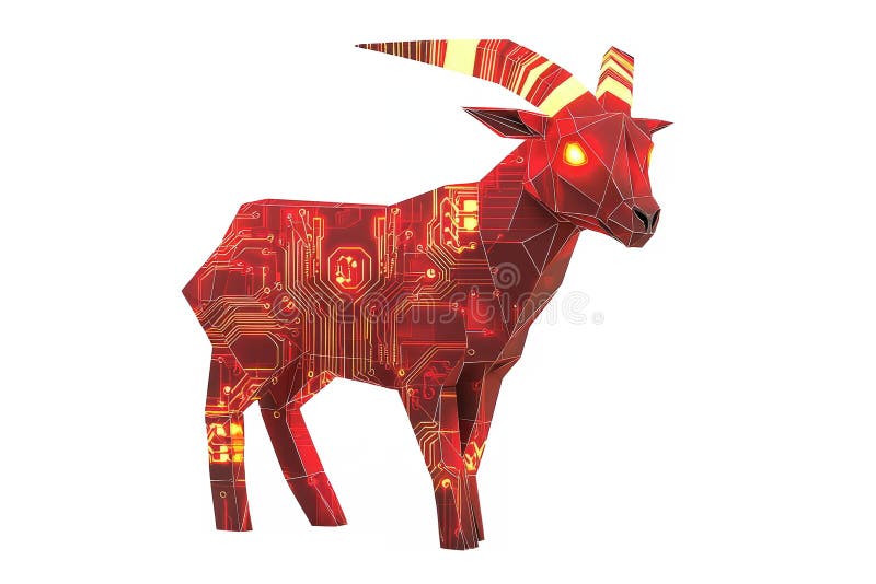 Goat with Glowing Red and Gold Circuitry Patterns on Its Horns, Low ...