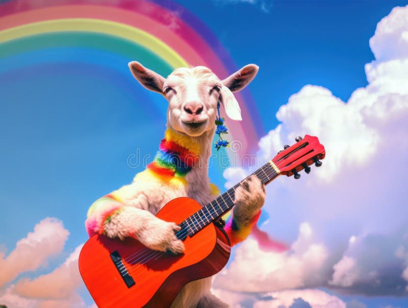 A Goat with a Guitar in Front of a Rainbow. AI Generative Image. Stock ...