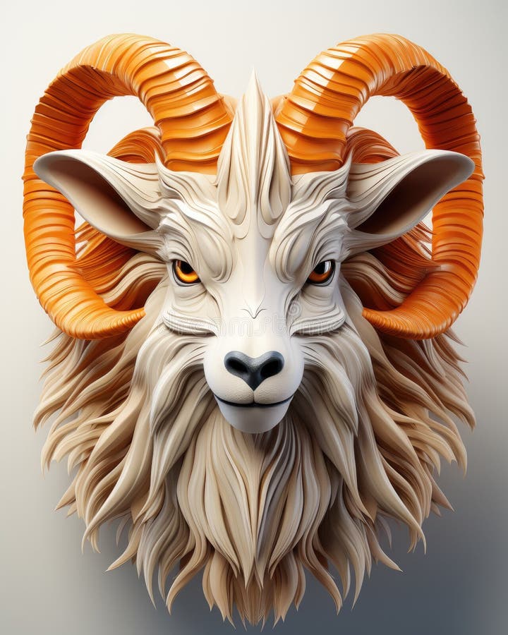 A Goat Head with Orange Horns on a White Background with a Gray ...