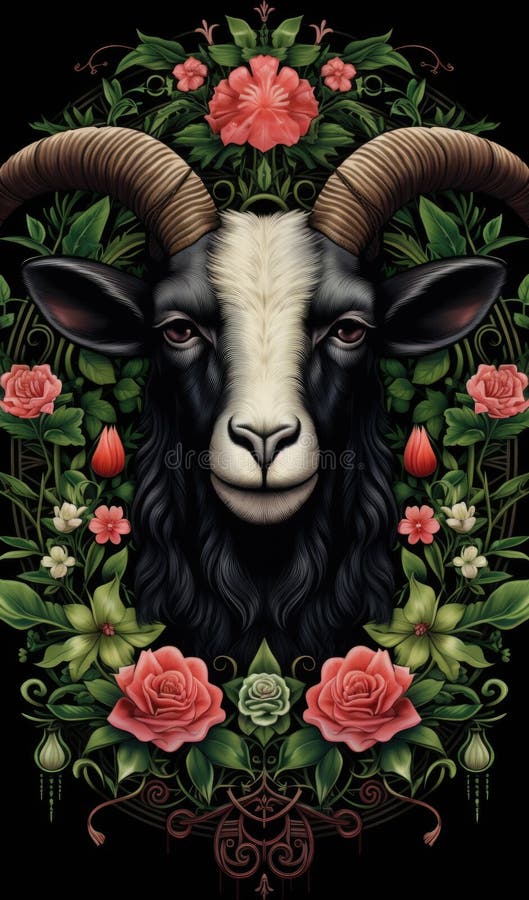 A Goat with Horns and Flowers in a Frame, AI Stock Illustration ...