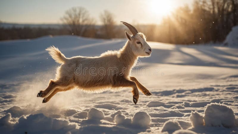 Joyful Young Goat Leaping in Snowy Winter Landscape Stock Illustration ...
