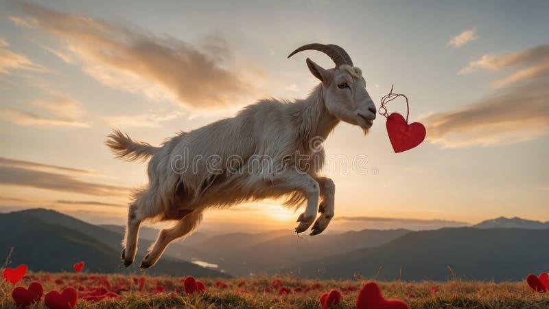 Leaping Goat with Heart at Sunset: Romantic Animal Scene Stock ...