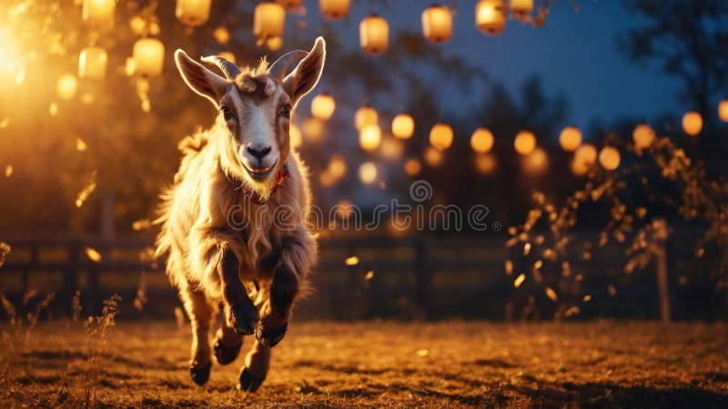 Playful Goat Kid Running at Sunset with Lanterns Stock Illustration ...
