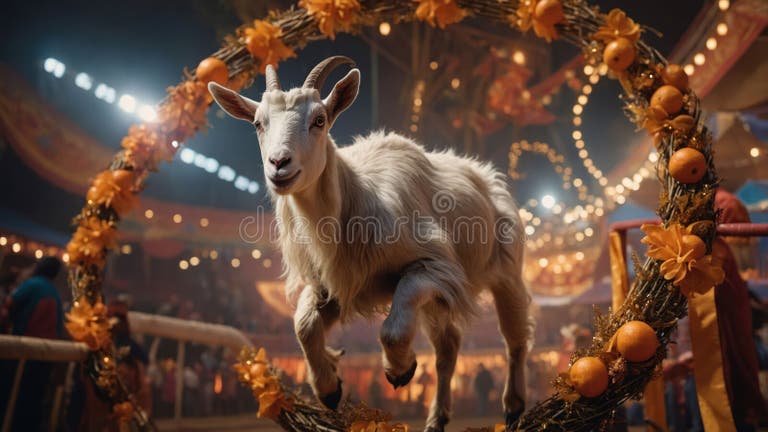 Adorable White Goat Jumping through Orange Decorated Ring at Circus ...