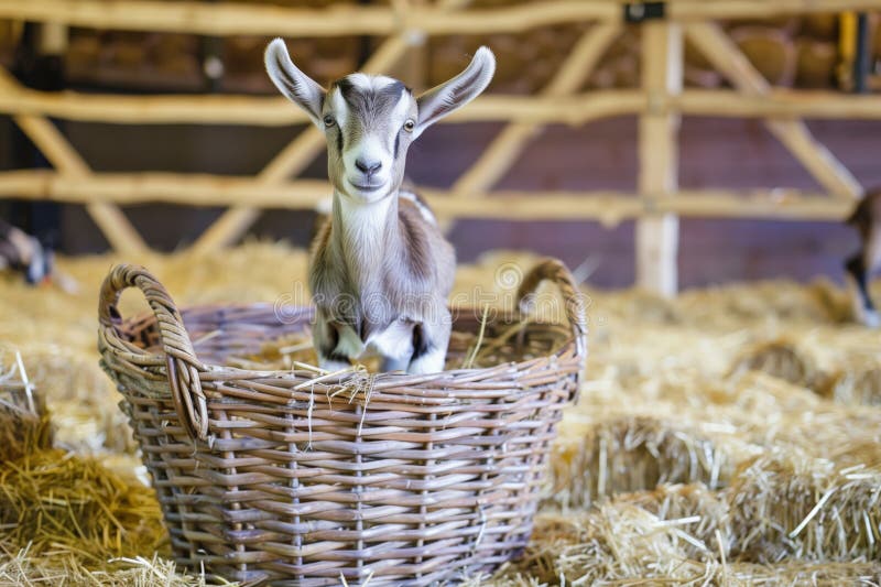 Goat Kid Standing in Large Wicker Basket on Hay Stock Image - Image of ...