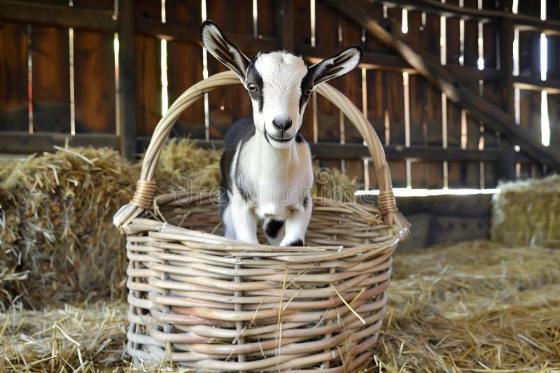 Goat Kid Standing in Large Wicker Basket on Hay Stock Photo - Image of ...