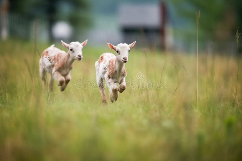 Goat Kids Chasing Each Other in Grass Stock Illustration - Illustration ...