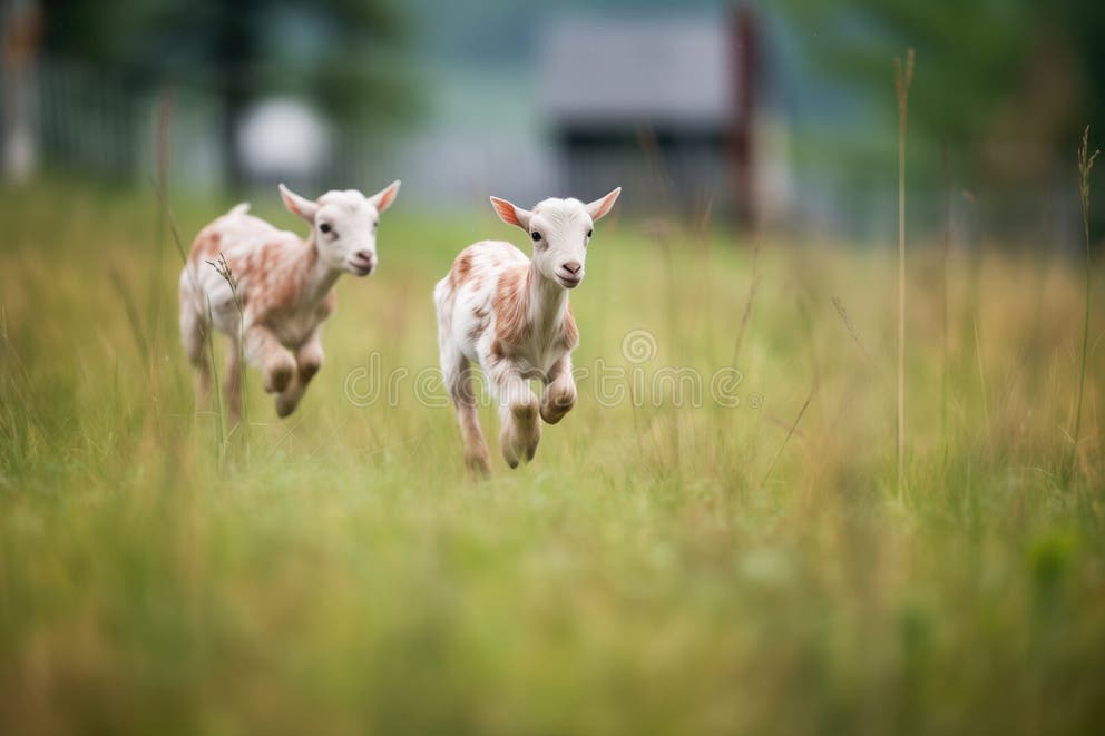 Goat Kids Chasing Each Other in Grass Stock Illustration - Illustration ...