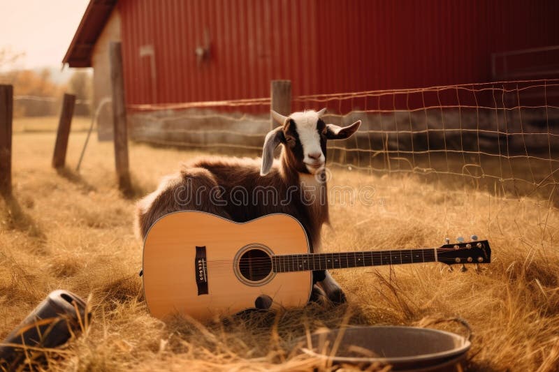 A Goat Laying Down with a Guitar in Front of a Red Barn. Generative AI ...