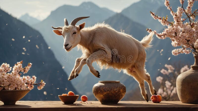 Leaping Goat in Springtime Mountain Landscape Stock Illustration ...