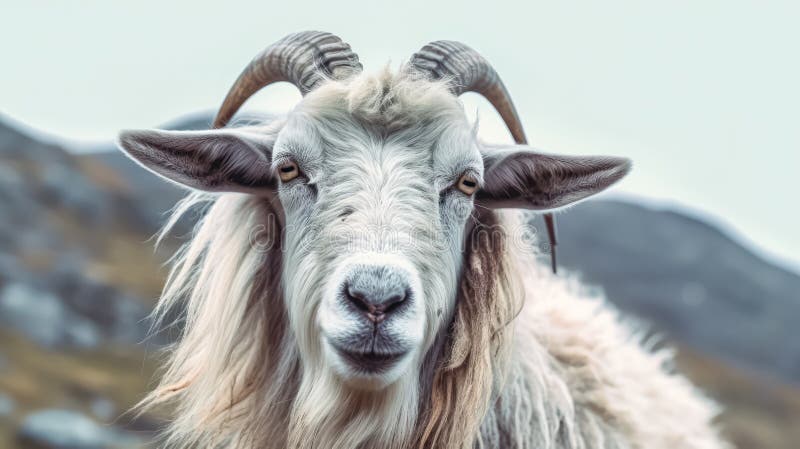 A Goat with Long Horns and a White Face is Staring at the Camera Stock ...