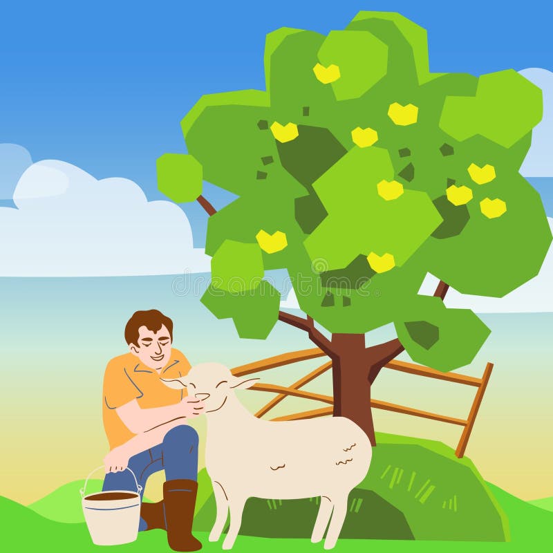 Goat with Man, Farm Land, Printable Poster - 1 Stock Illustration ...