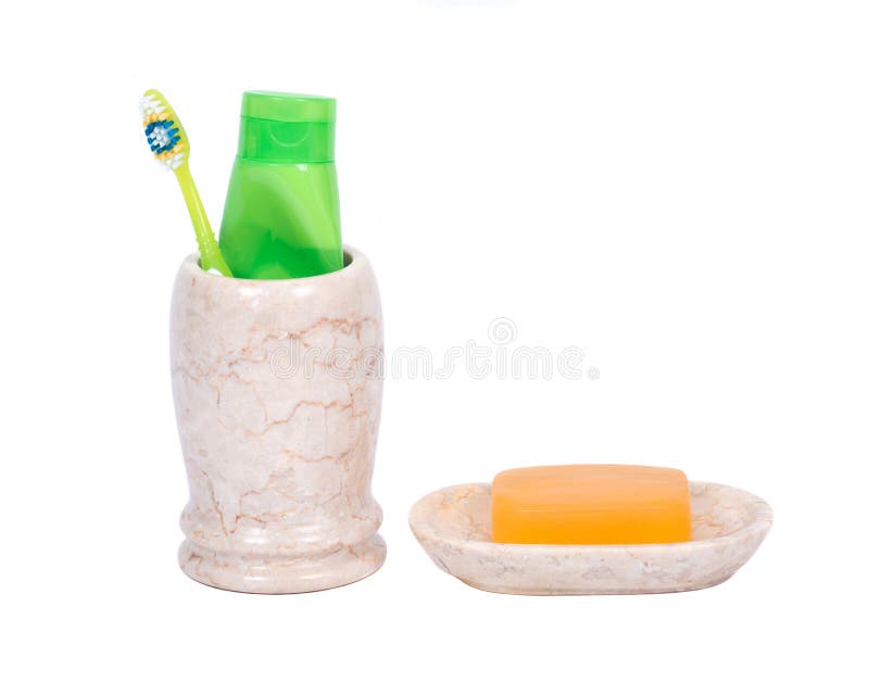 Goat Milk Soap, Toothbrush, Toothpaste, Beige Marble Dish and Cup Stock ...