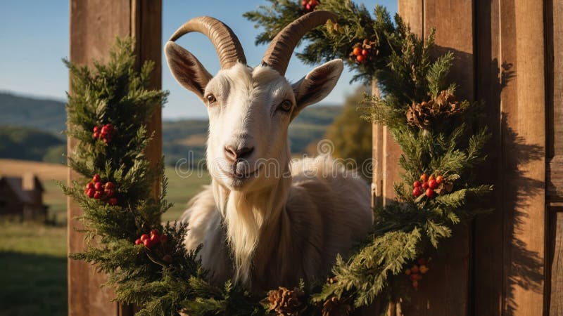 Smiling Goat in Christmas Wreath, Farm Animal Portrait Stock ...