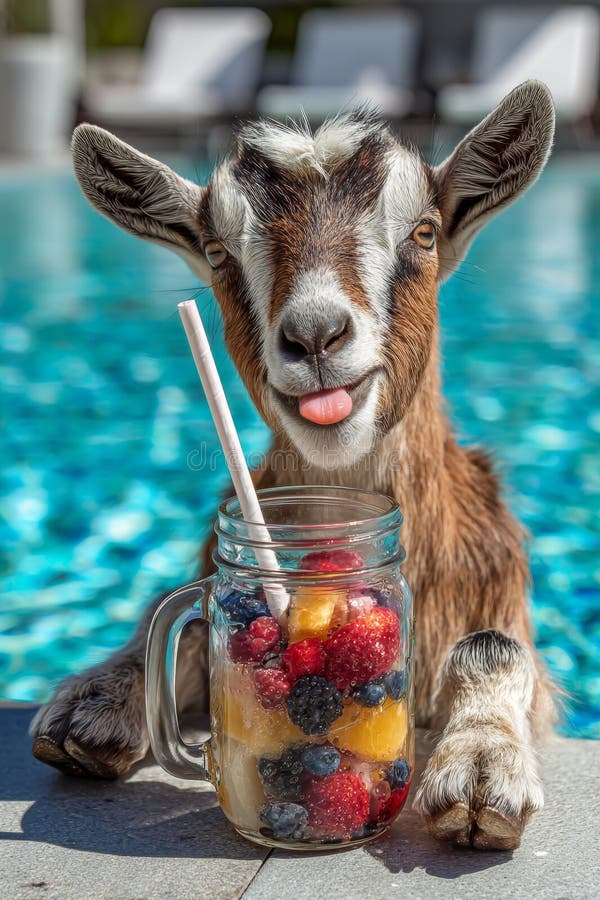 Playful Goat Enjoying a Refreshing Fruit Drink by a Sparkling Poolside ...