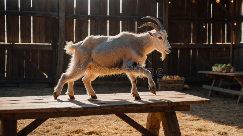 Playful Goat Kid Leaping on Wooden Picnic Table in Rustic Barn Stock ...