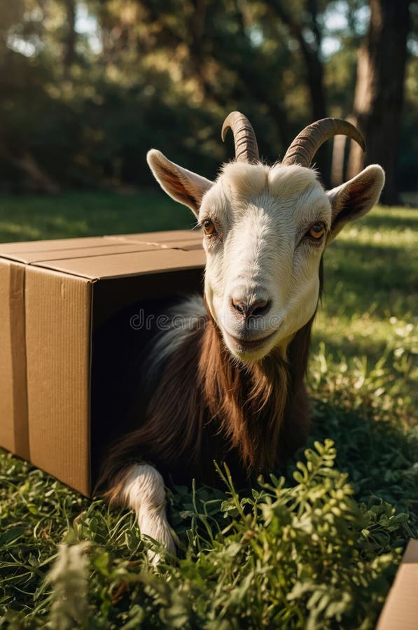 Adorable Goat Relaxing in Cardboard Box Outdoors Stock Illustration ...