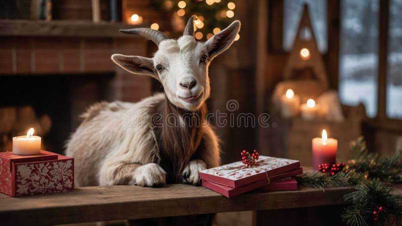 Adorable Christmas Goat with Presents by Fireplace Stock Illustration ...