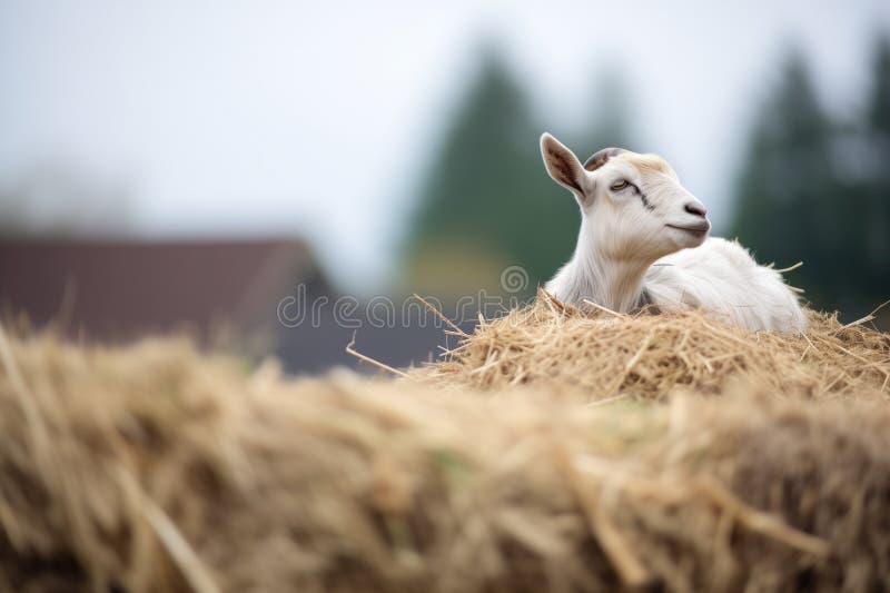 Goat Reclining Comfortably on a Haystack Stock Photo - Image of farm ...