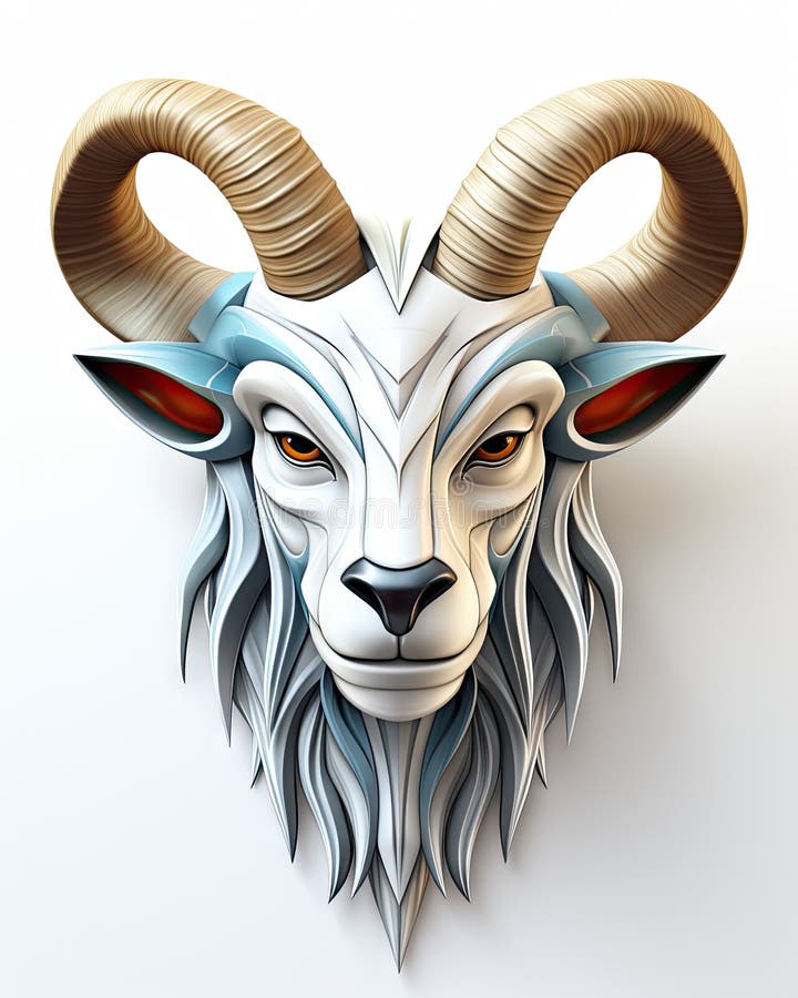 A Goat S Head with Horns and Orange Eyes on a White Background ...