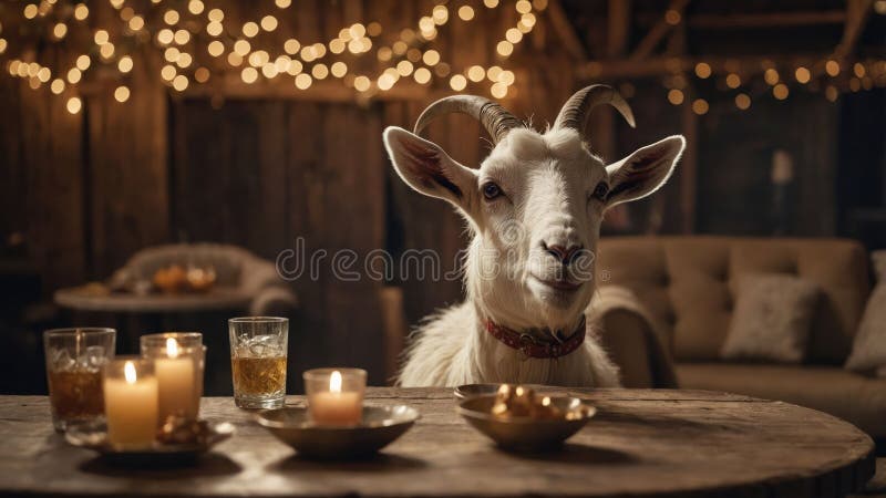 Charming Goat at a Rustic Table with Drinks and Candles Stock ...