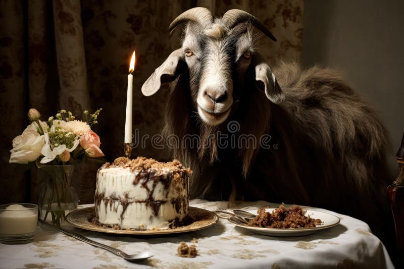 Goat is Sitting at a Table with a Cake and Candles Stock Photo - Image ...