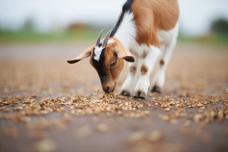 Goat Snacking on Scattered Grains on the Ground Stock Photo - Image of ...