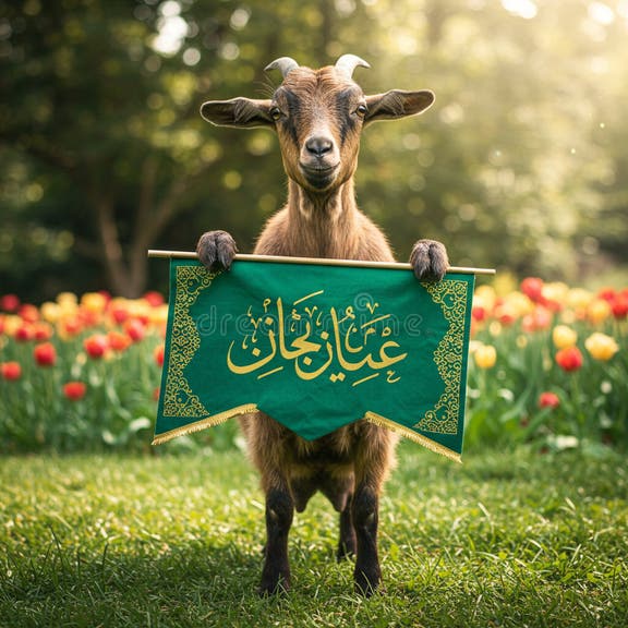 A Goat Standing on Grass Holds a Green Banner with Arabic Script in a ...
