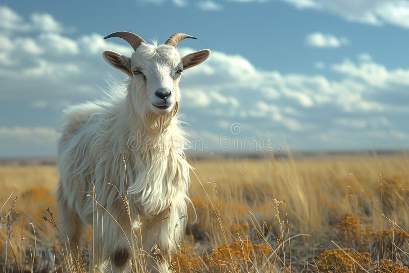 A Goat Standing and Grazing in a Field of Tall Grass Stock Image ...