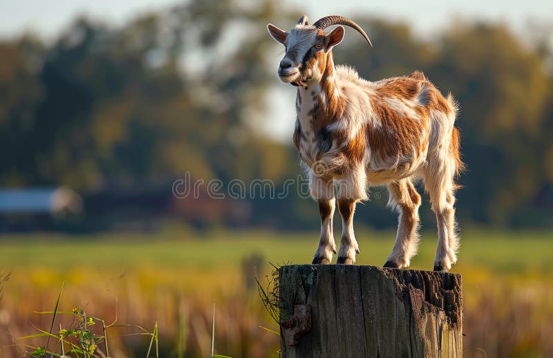 Goat Standing on Tree Stump in Field. a Brown and White Goat Stands on ...