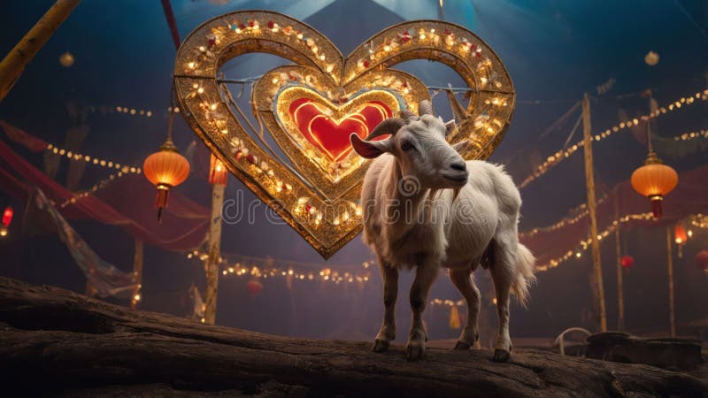 Charming Goat Posing before Illuminated Heart at Festive Fair Stock ...